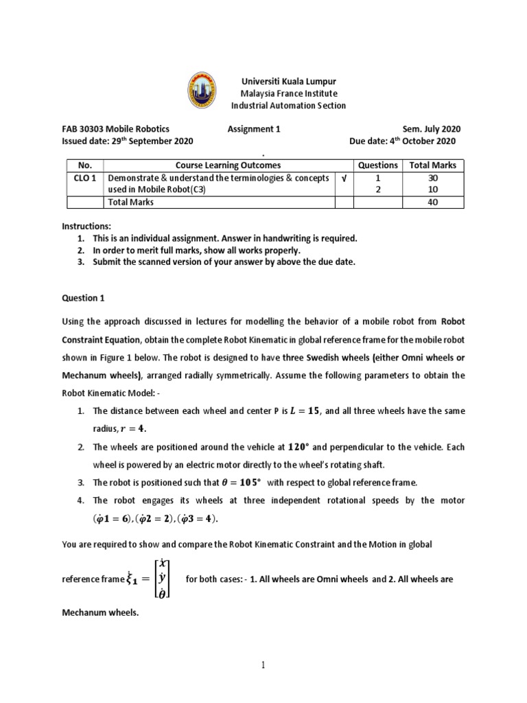 Mobile Robotics Assignment: Kinematics & Trajectory | PDF | Kinematics ...