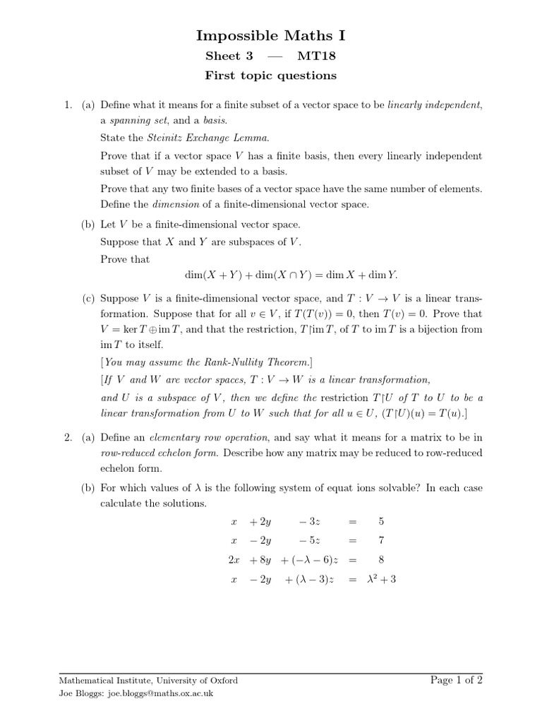 Oxford Mathematics Problem Sheet PDF | PDF | Basis (Linear Algebra ...
