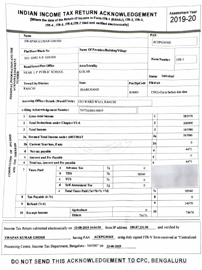 Indian Income Tax Return Acknowledgement | PDF | Taxation | Economies
