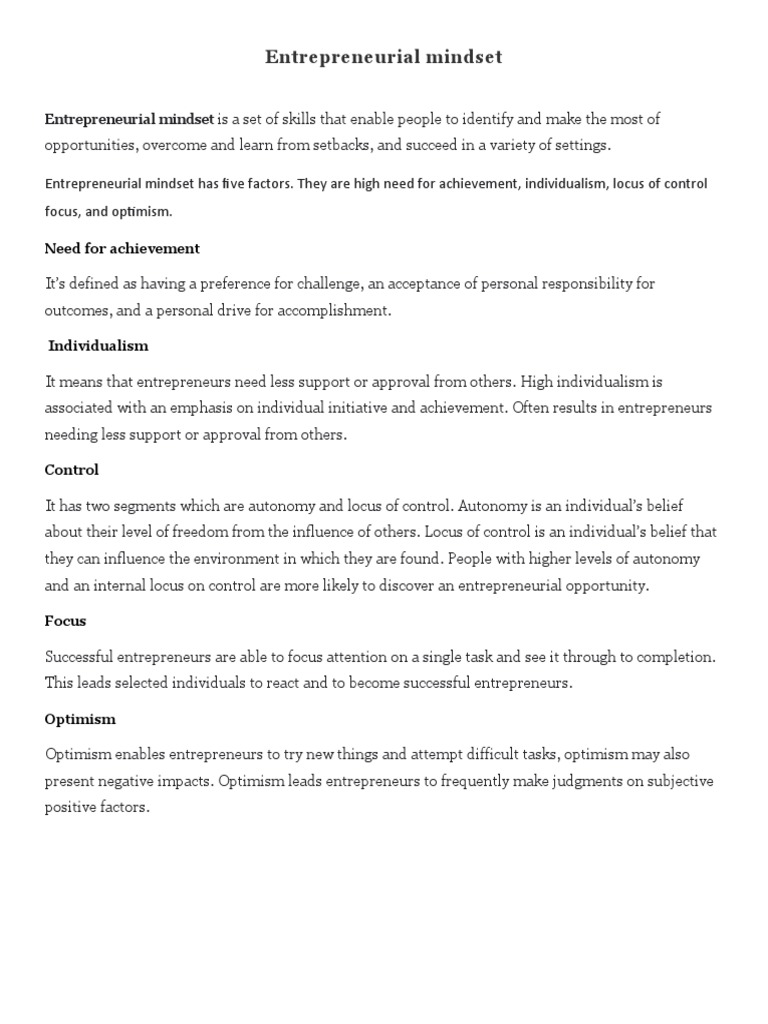 Understanding the Entrepreneurial Mindset | PDF | Entrepreneurship ...