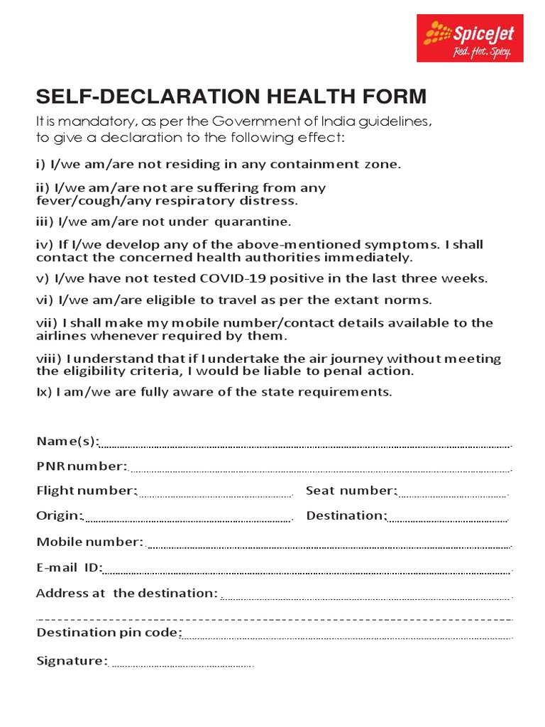 Self Declaration Health Form | PDF