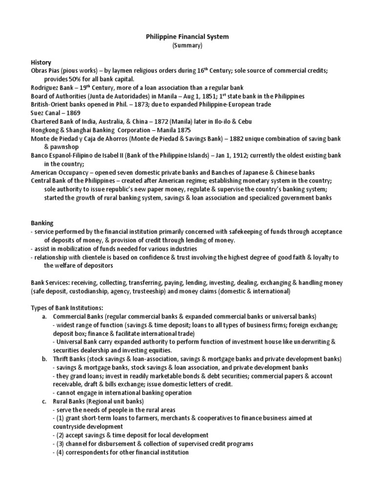 Philippine Financial System (Summary) | PDF | Banks | Economies