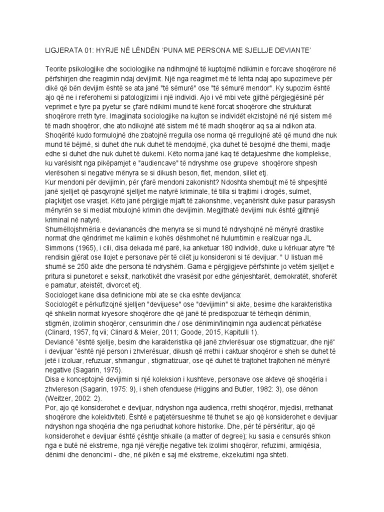 Ligjerata 01 - Hyrje Në Lëndën Puna Me Persona Me Sjellje Deviante' | PDF