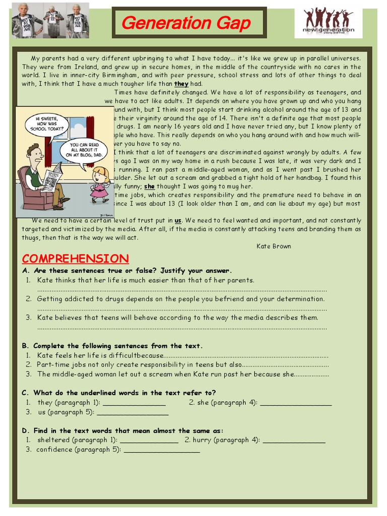 Generation Gap Reading Comprehension Exercises - 71450 | PDF | Adolescence