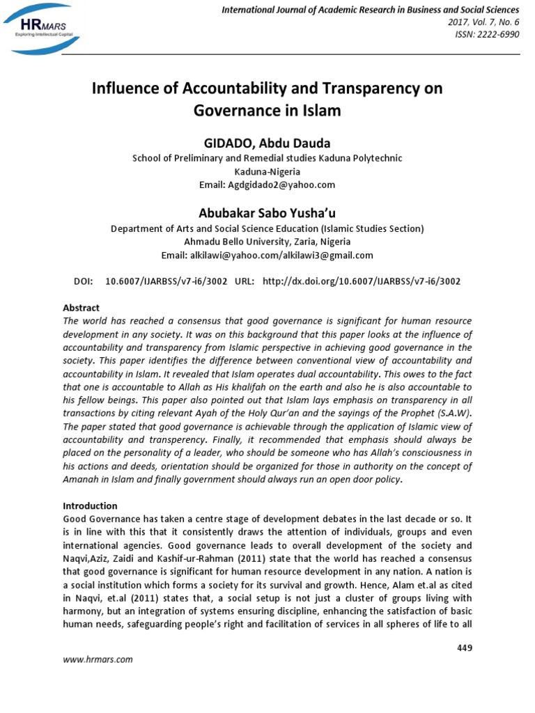 Influence of Accountability and Transparency On Governance in Islam PDF ...