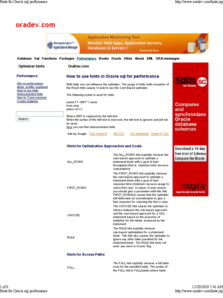Hints For Oracle SQL Performance | PDF | Database Index | Oracle Database