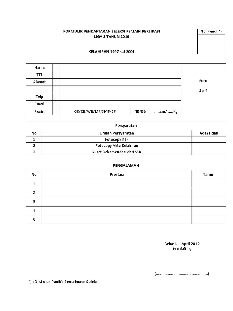 Formulir Pendaftaran Seleksi Pemain Persikasi | PDF