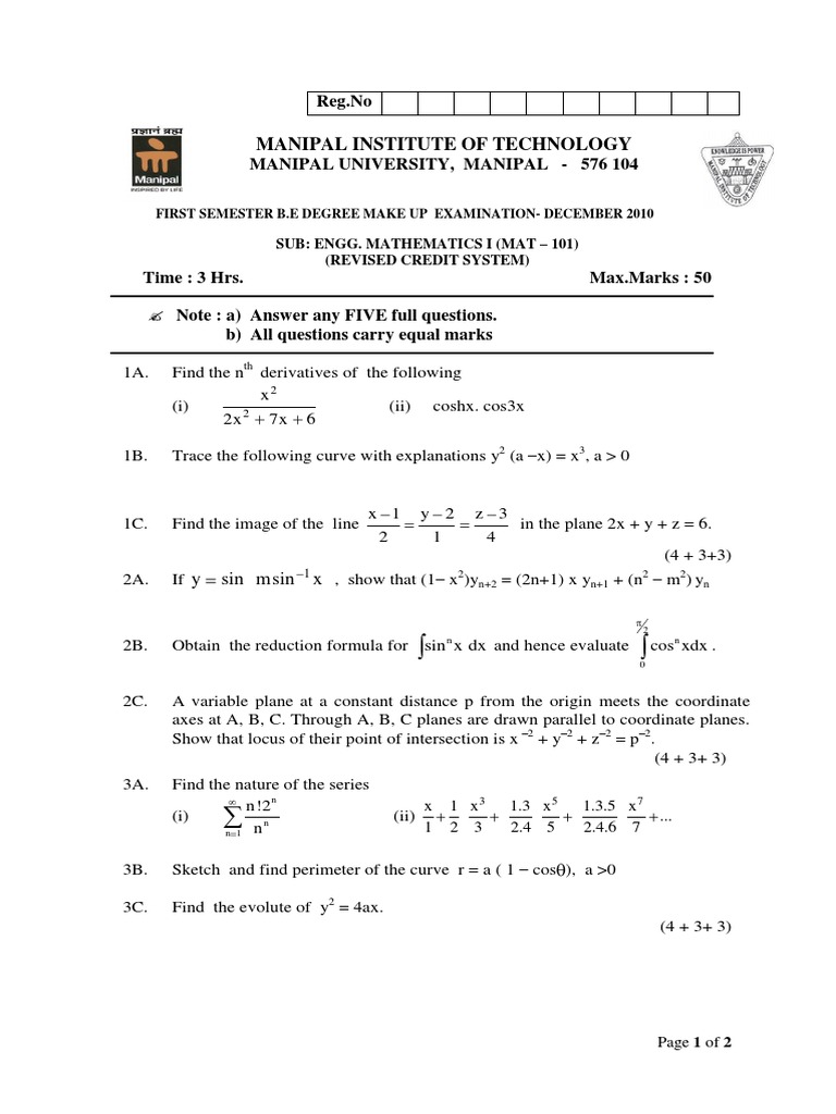 Engg. Mathematics I (MAT - 101) RCS (Makeup) PDF | PDF | Radius ...