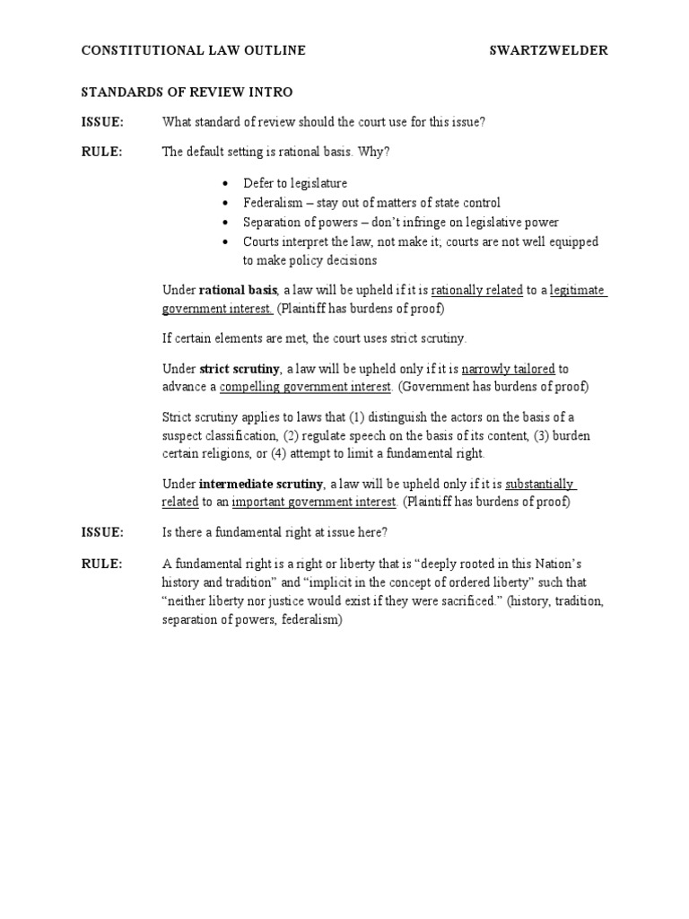 Constitutional Law Outline Swartzwelder Standards of Review Intro Issue ...