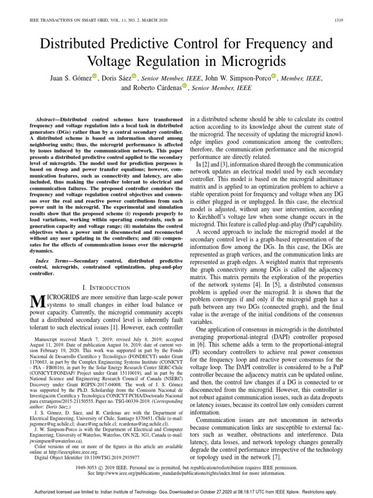 Distributed Predictive Control For Frequency and Voltage Regulation in Microgrids | PDF ...
