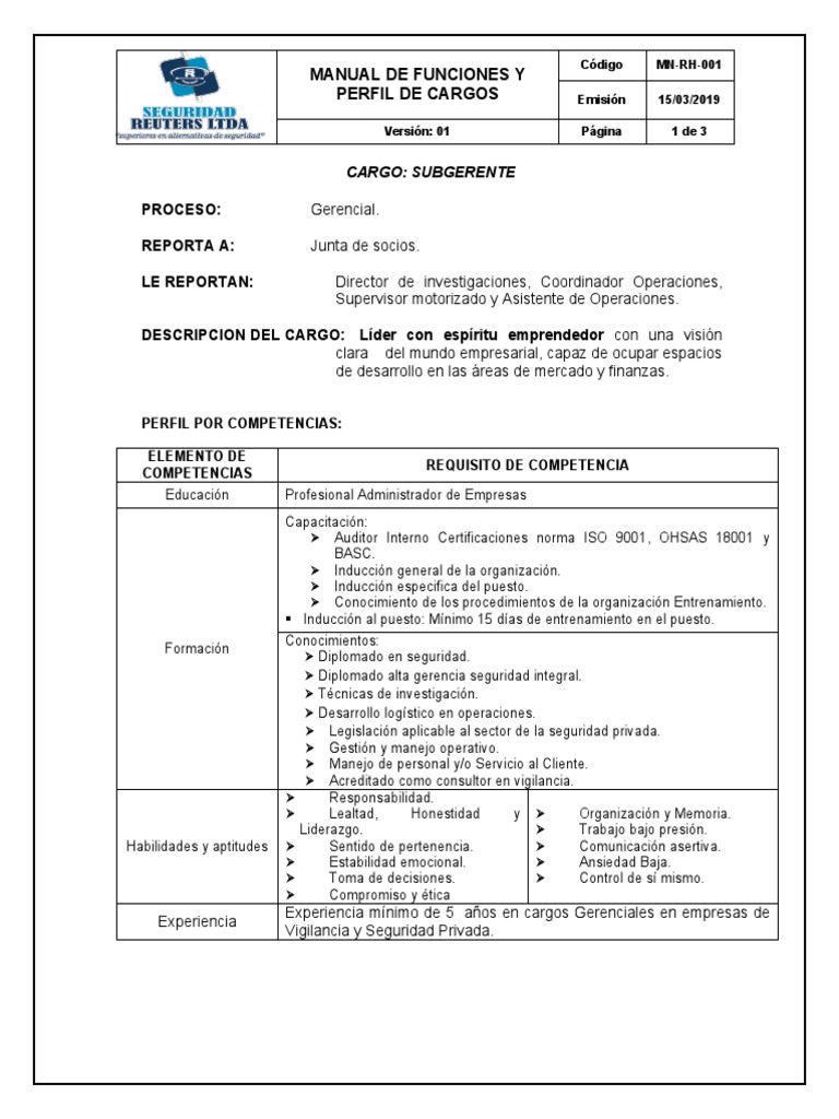 Perfil y funciones del Subgerente en una empresa de seguridad privada ...