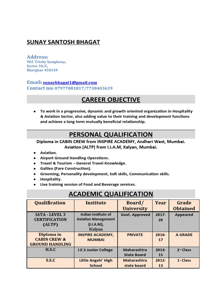 Sunay Santosh Bhagat (CV) | PDF | Flight Attendant | Behavior Modification