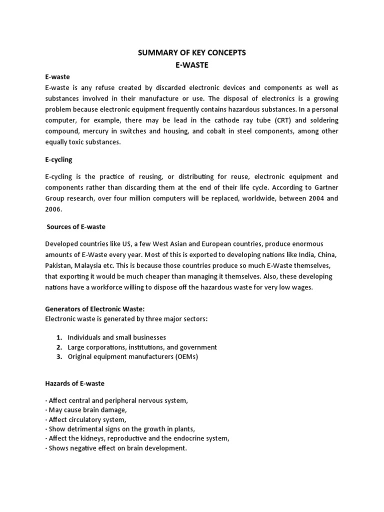 Summary of Key Concepts | PDF | Electronic Waste | Incineration
