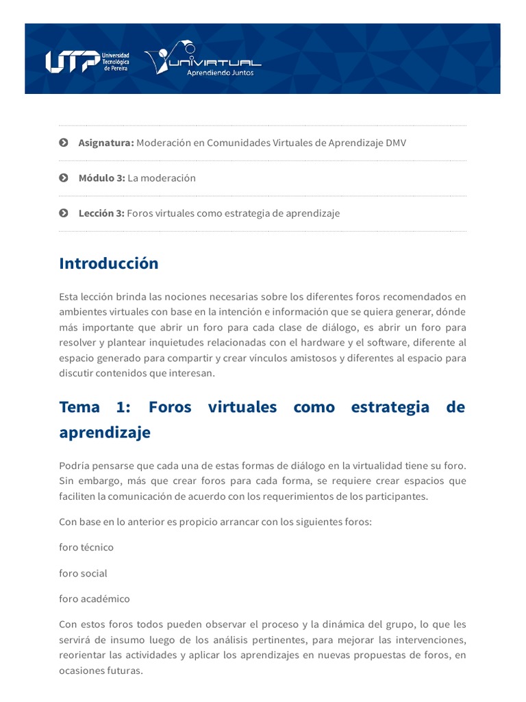 Módulo 3, Lección 3 - Foros Virtuales Como Estrategia de Aprendizaje ...