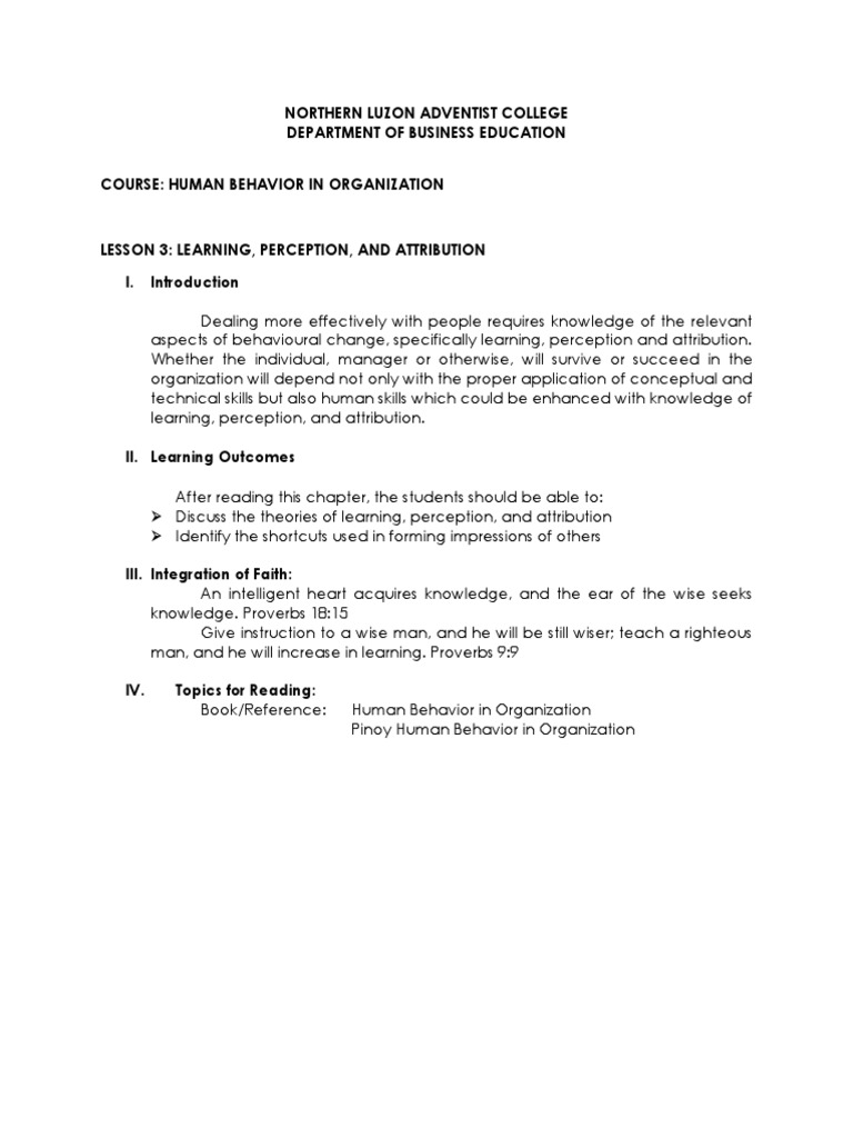 HBO Lesson 3 - Learning, Perception, and Atribution | PDF | Classical Conditioning | Perception