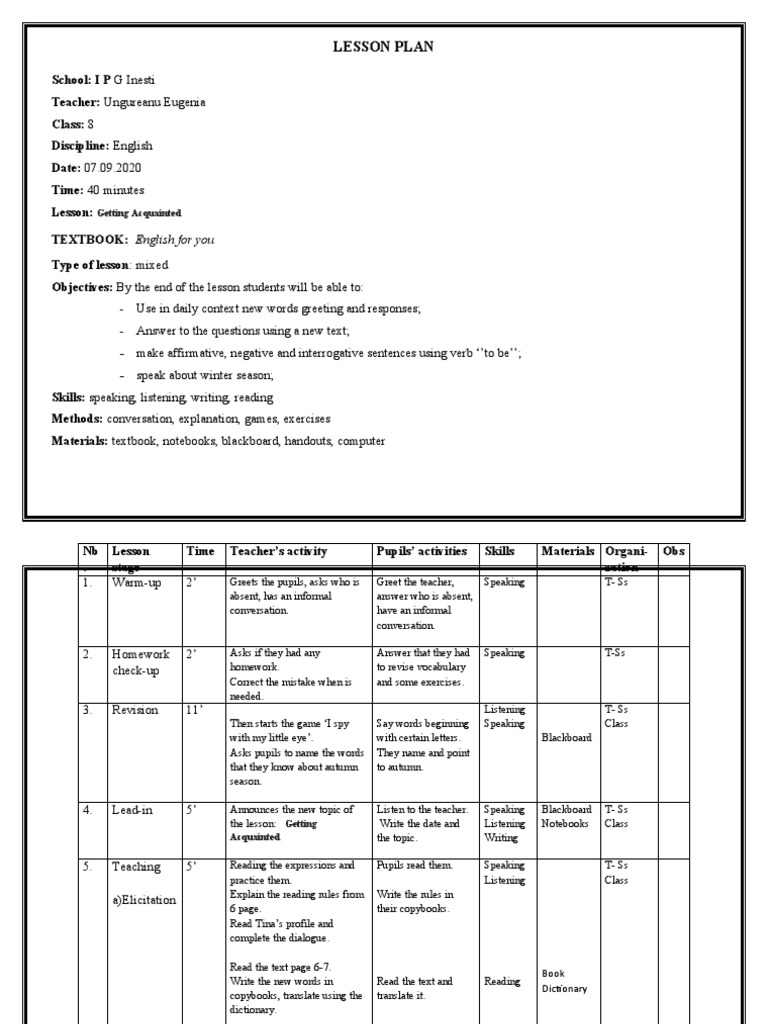 Lesson Plan: - Make Affirmative, Negative and Interrogative Sentences ...