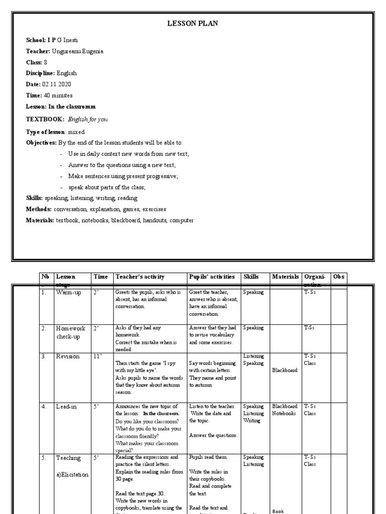 Lesson Plan: - Make Sentences Using Present Progressive - Speak About ...