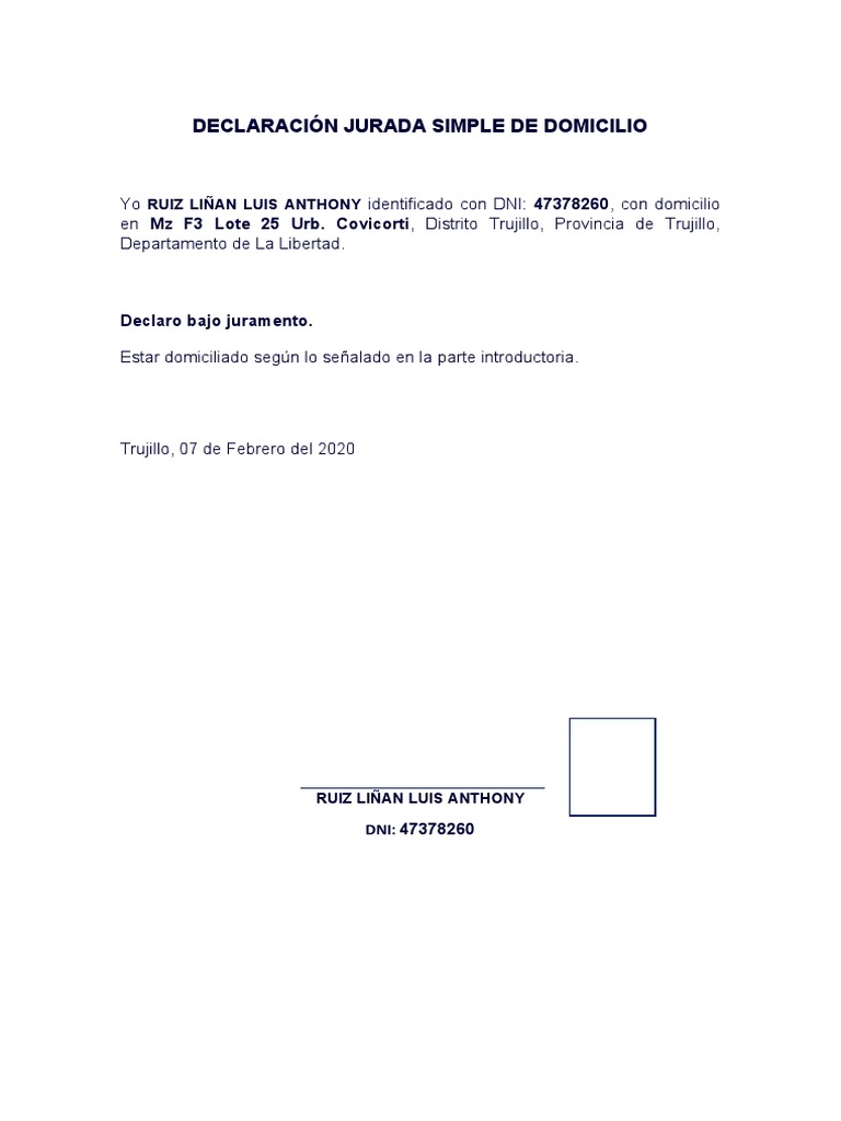 Declaración Jurada Simple de Domicilio | PDF