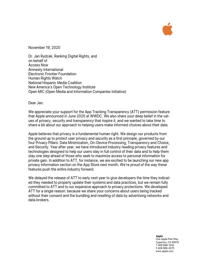 Apple Privacy Letter To Ranking Digital Rights | PDF | Privacy | Apple Inc.