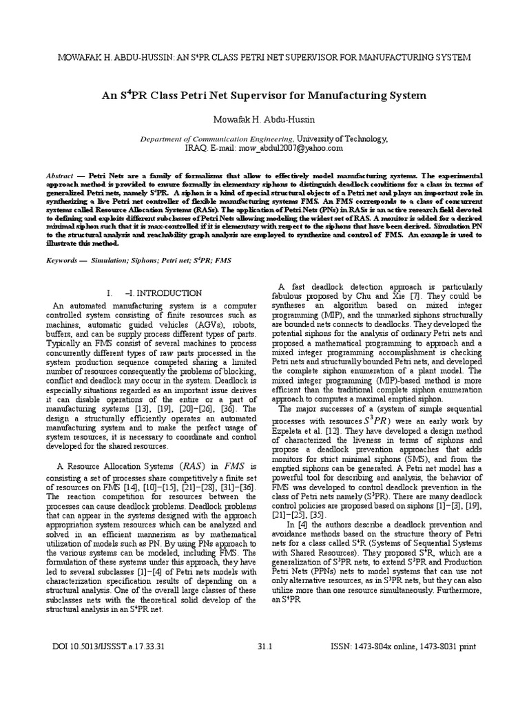 An S4PR Class Petri Net Supervisor For Manufacturing System | PDF | Sequence | Computer Programming