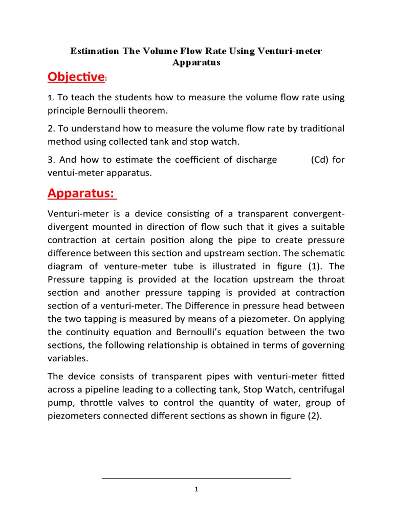 Estimation The Volume Flow Rate Using Venturi-Meter Apparatus | PDF ...