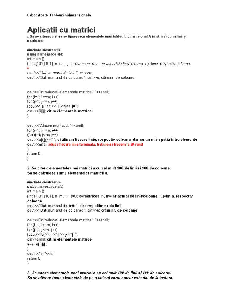 Aplicatii Cu Matrici: Laborator 1-Tablouri Bidimensionale | PDF