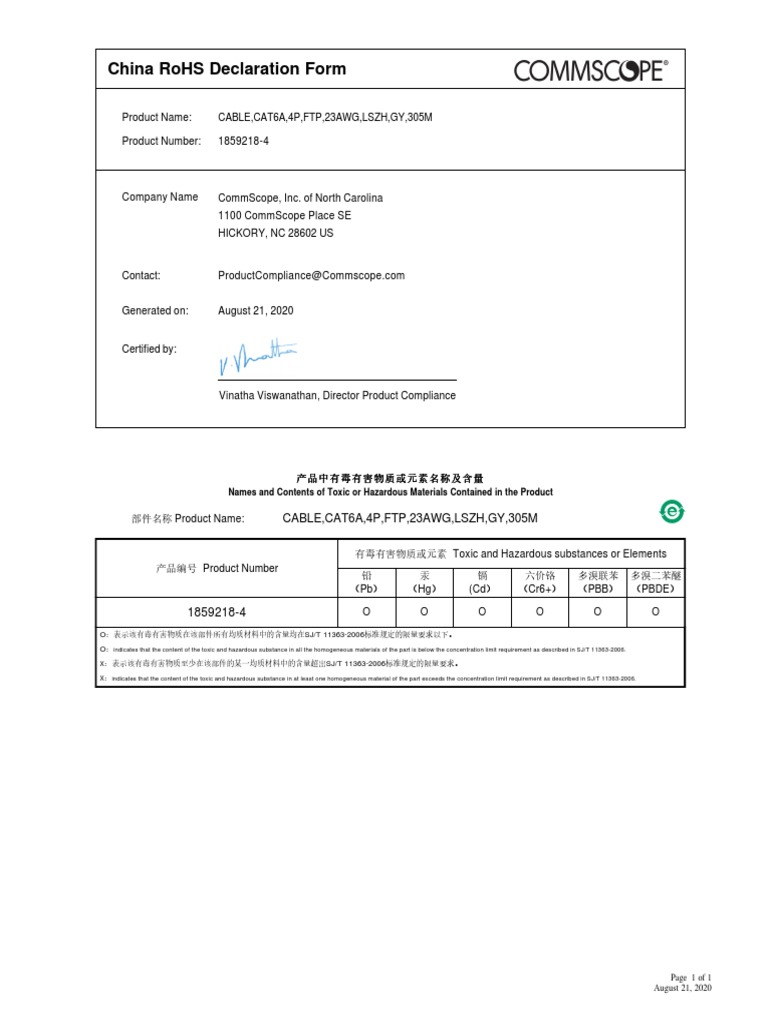 China Rohs Declaration Form: Cable, Cat6A, 4P, FTP, 23awg, LSZH, Gy ...