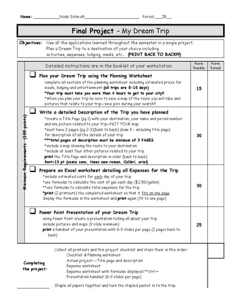Final Project - My Dream Trip: Detailed Instructions Are in The Booklet ...