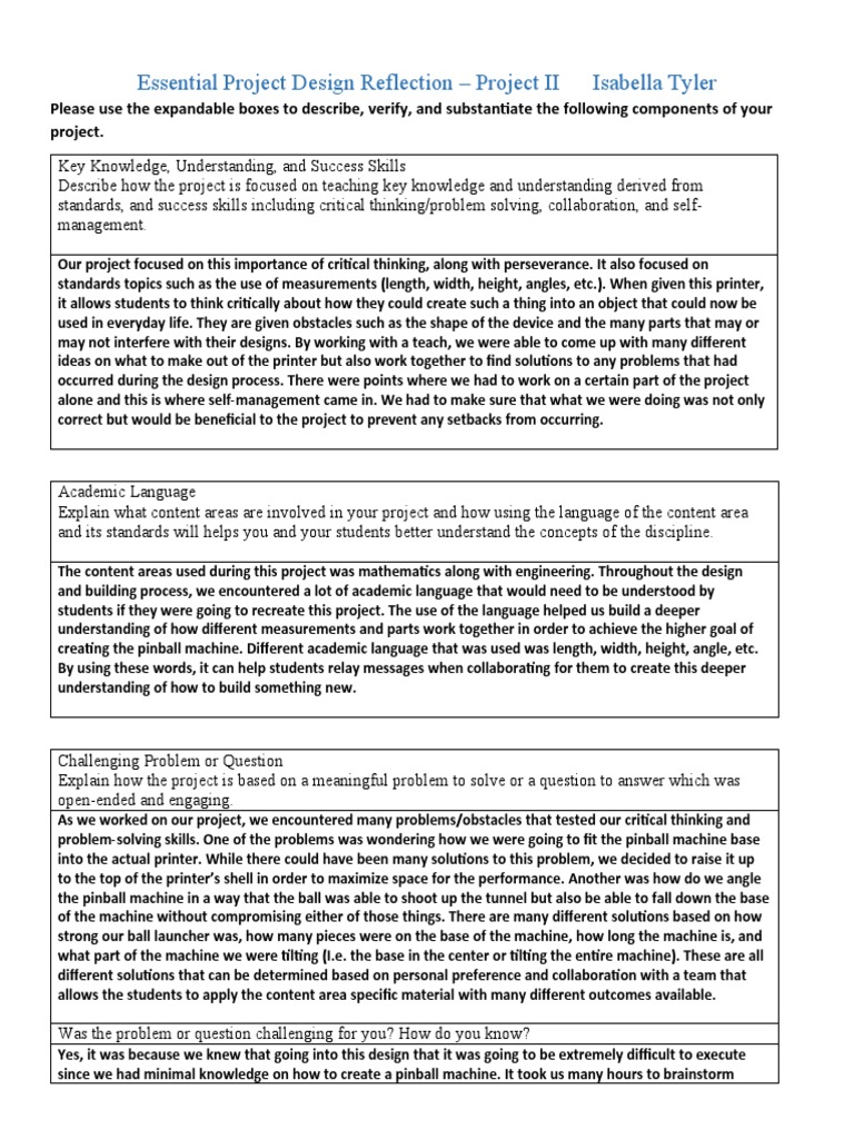 Essential Project Design Reflection - Project II | PDF | Critical Thinking | Design