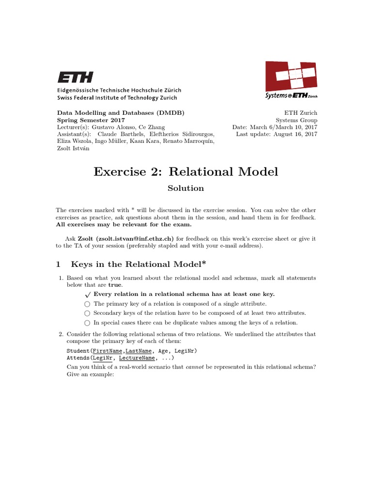Exercise 2: Relational Model: Solution | PDF | Relational Database | Relational Model