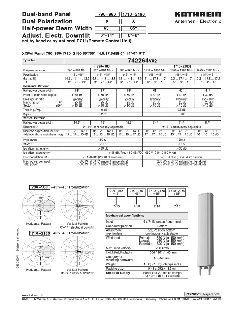 Kathrein 742264V02 Antenna Specifications | PDF | Antenna (Radio) | Decibel