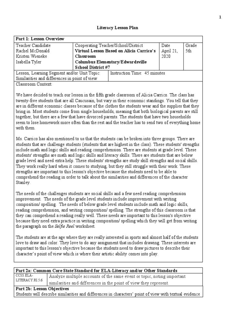 Literacy Lesson Plan Part 1: Lesson Overview Virtual Lesson Based On ...