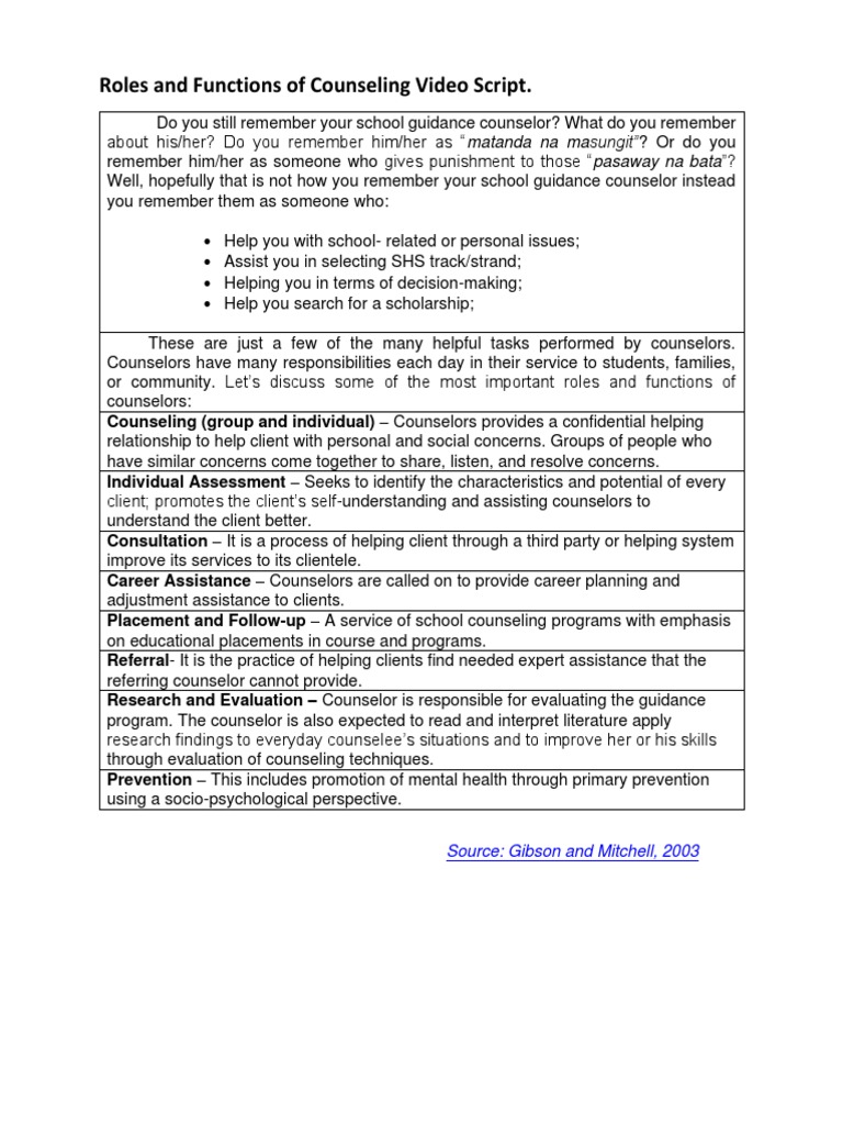 Roles and Functions of Counselors Video Script | PDF
