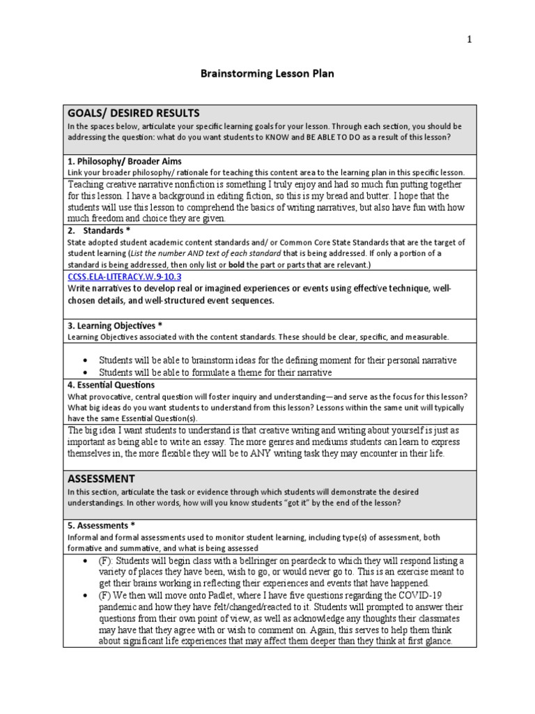 Brainstorming Lesson Plan | PDF | Lesson Plan | Narrative