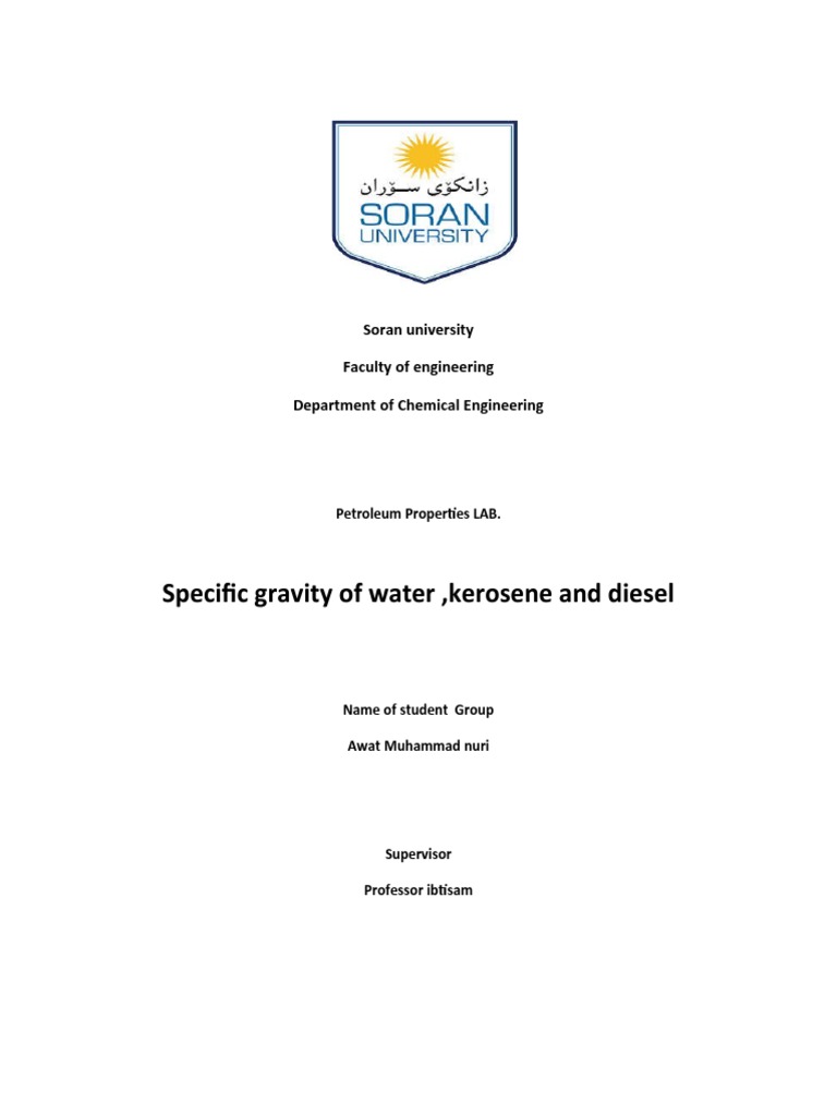 Specific Gravity of Water, Kerosene and Diesel | PDF | Density | Volume