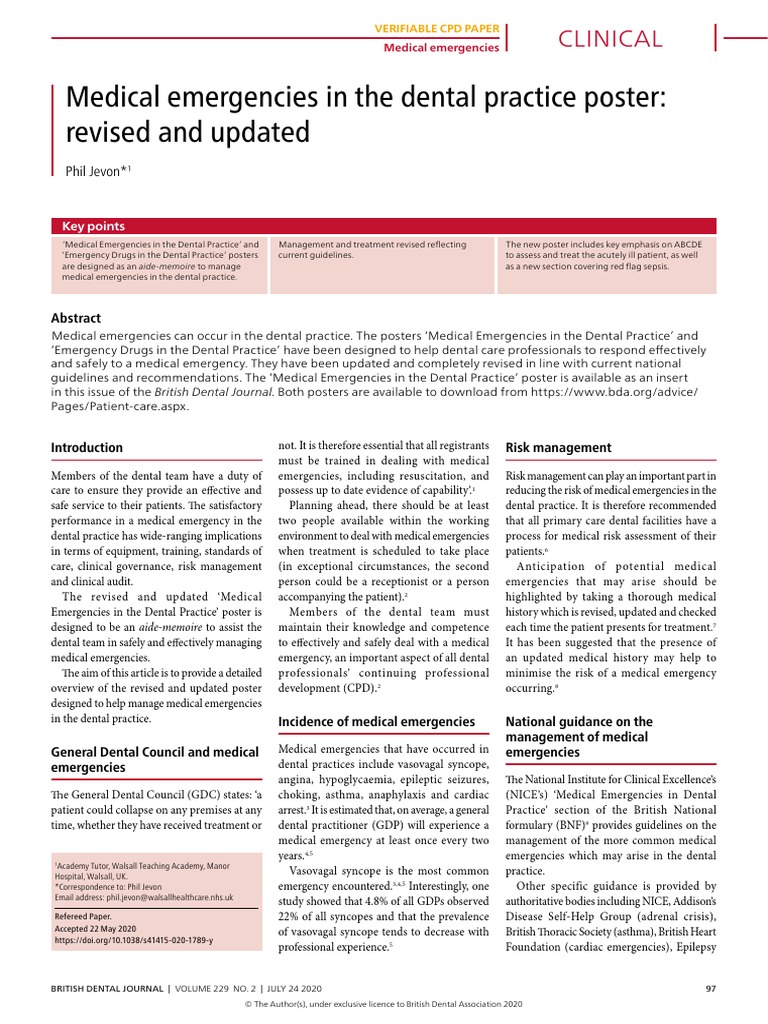Medical Emergencies in The Dental Practice Poster: Revised and Updated ...