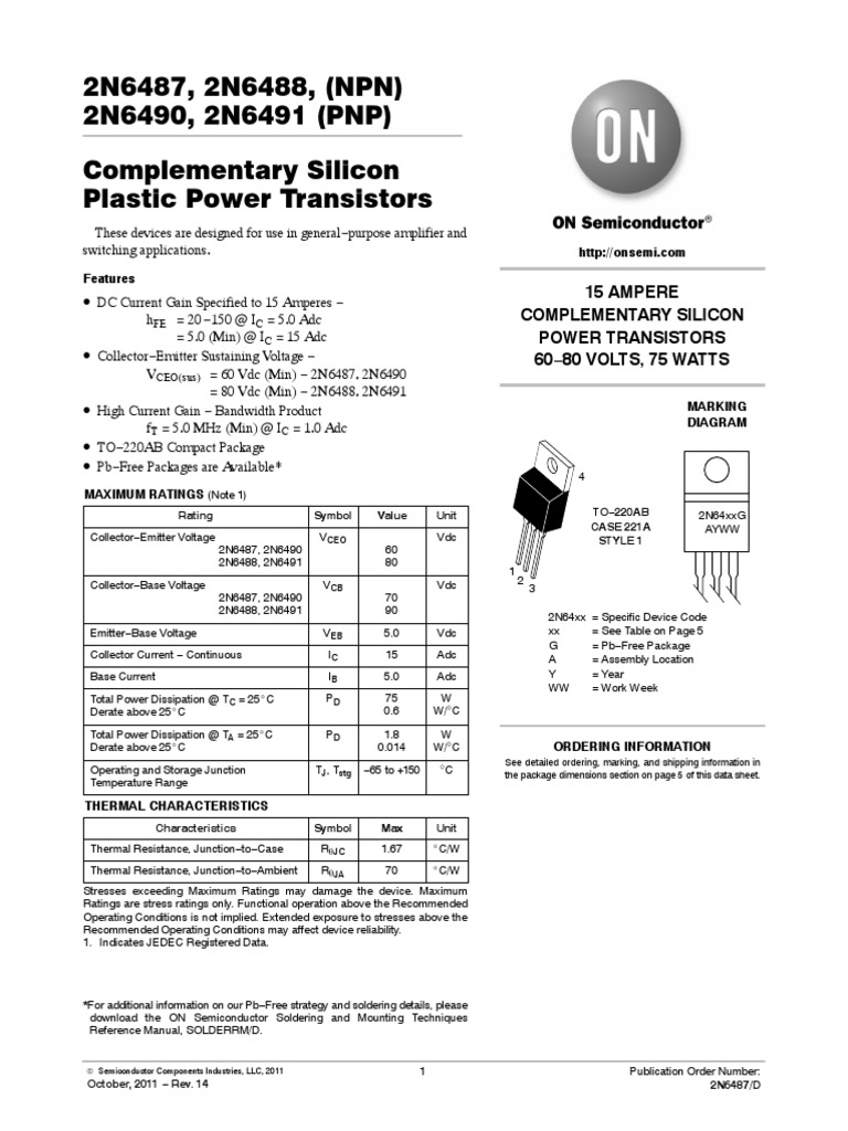 2N6487, 2N6488, (NPN) 2N6490, 2N6491 (PNP) Complementary Silicon ...