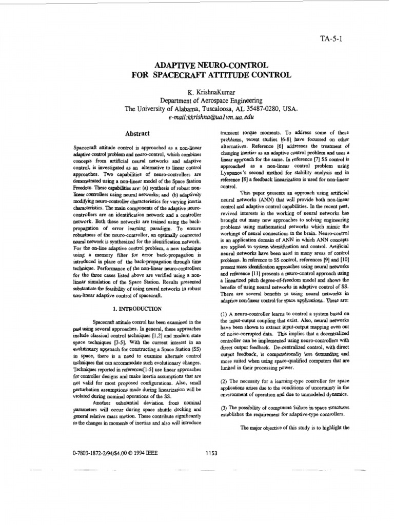 Adaptive Neuro Control For Spacecraft Atiltude Control Pdf Artificial Neural Network