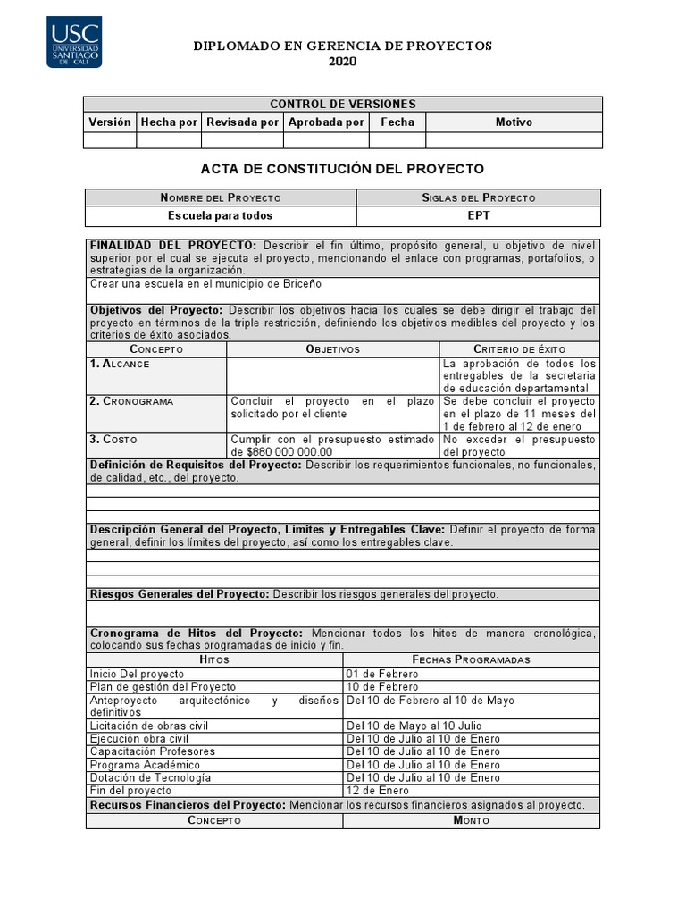 Formato de Acta de Constituci N Del Proyecto | PDF | Presupuesto | Business