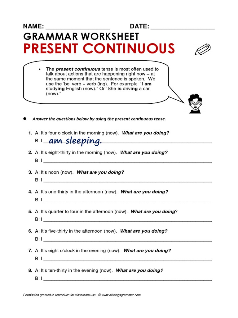 Present Continuous: Grammar Worksheet | PDF