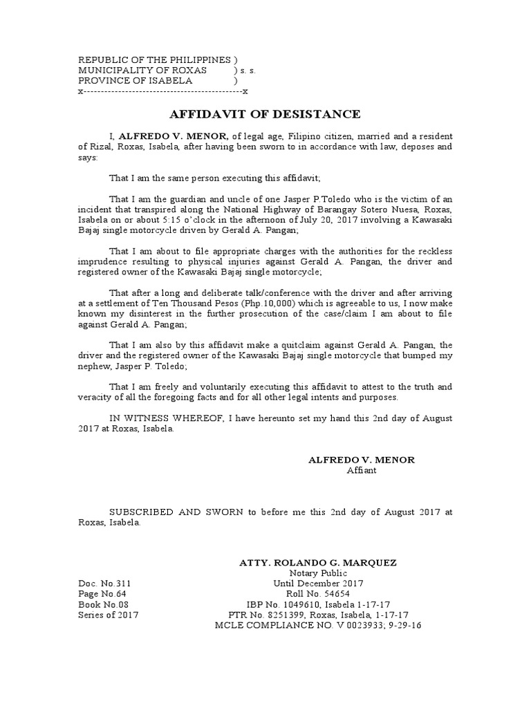 Affidavit of Desistance 2017-Alfredo v. Menor | PDF | Affidavit | Common Law