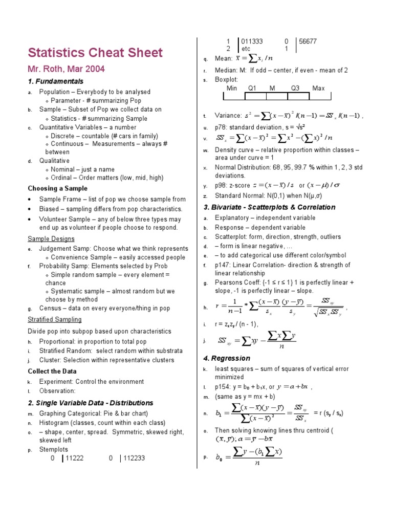 Statistics - Cheat - Sheet MR Roth 2004 | PDF | Confidence Interval ...