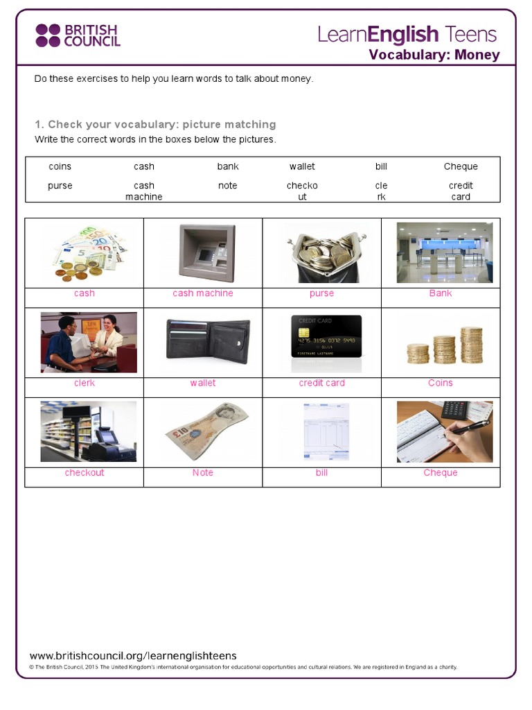 Vocabulary: Money: 1. Check Your Vocabulary: Picture Matching | PDF