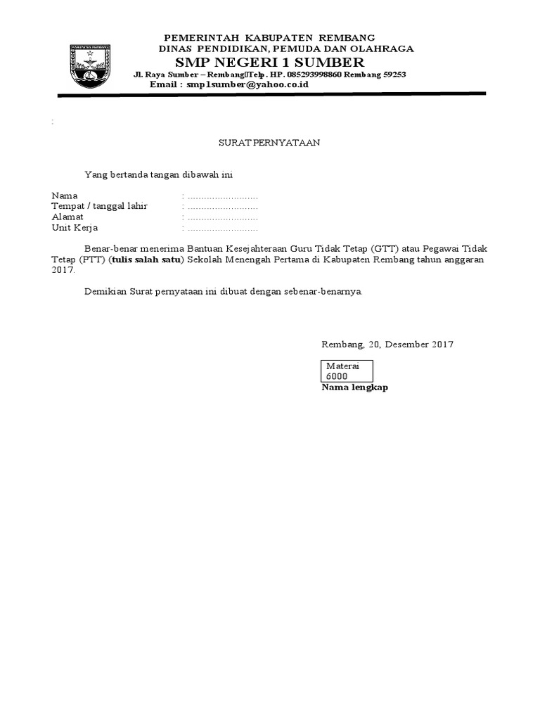 Contoh Surat Pernyataan Bermaterai 6000 | PDF