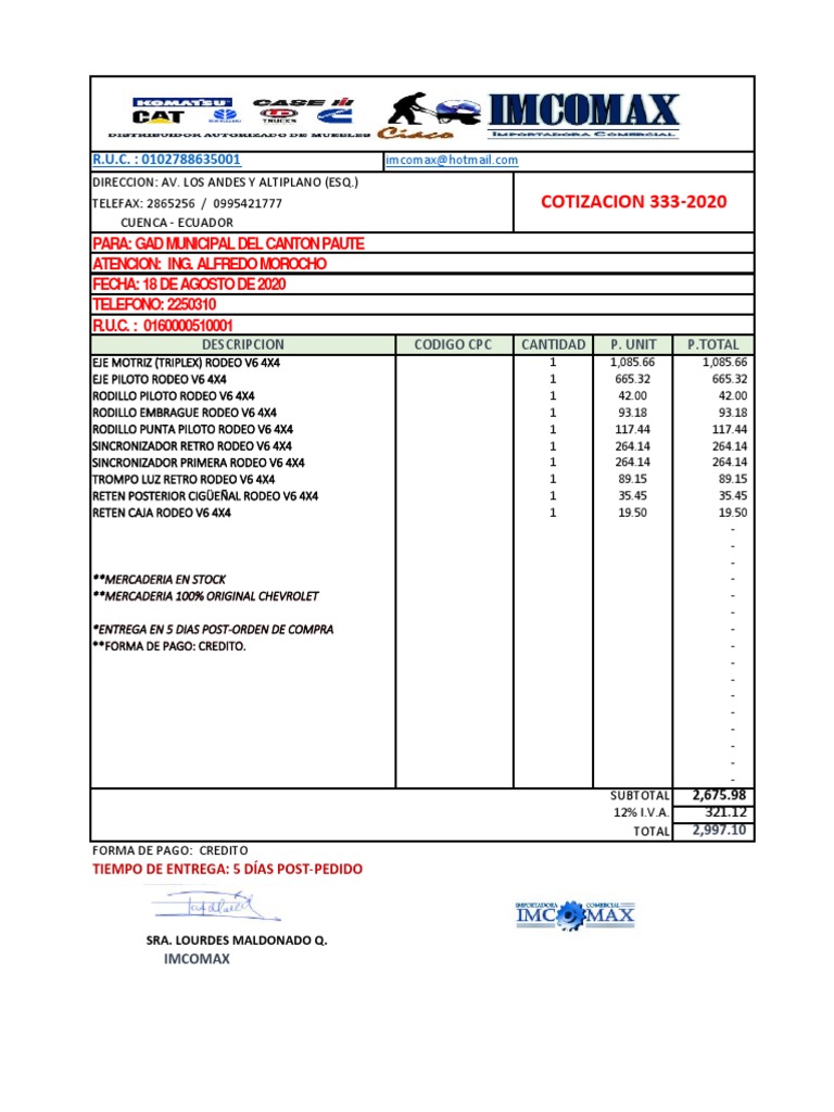 333 Gad de Paute, Repuestos para Rodeo V6 4X4 | PDF