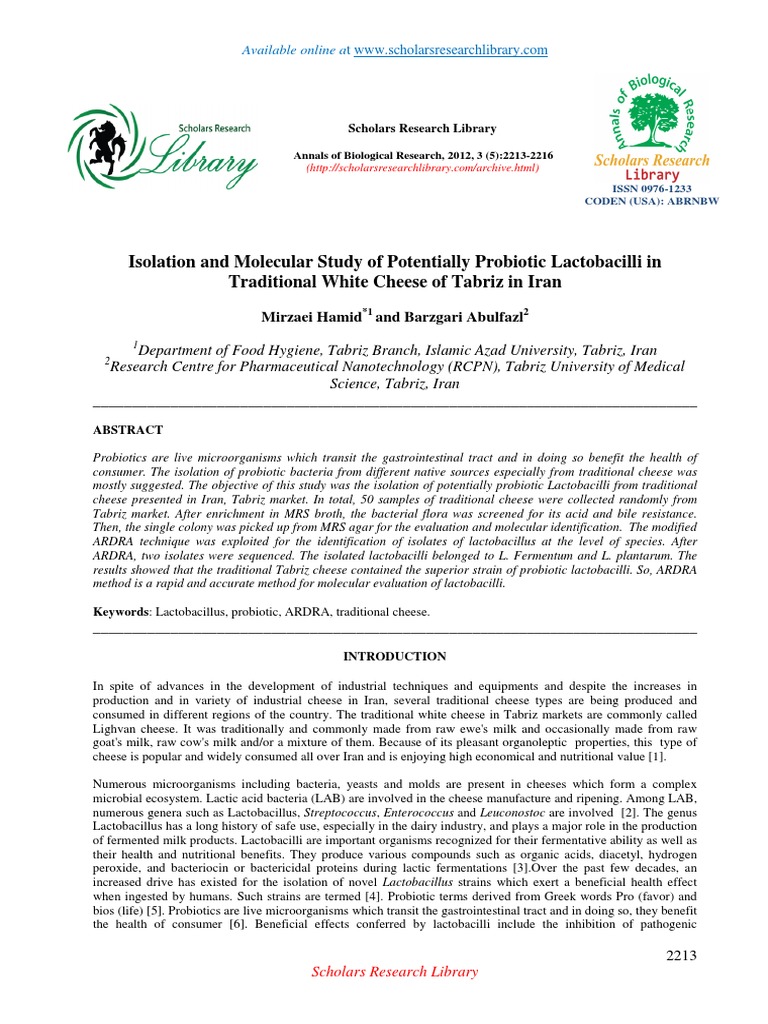 Probiotic Lactobacilli in Tabriz Cheese | PDF | Lactobacillus ...