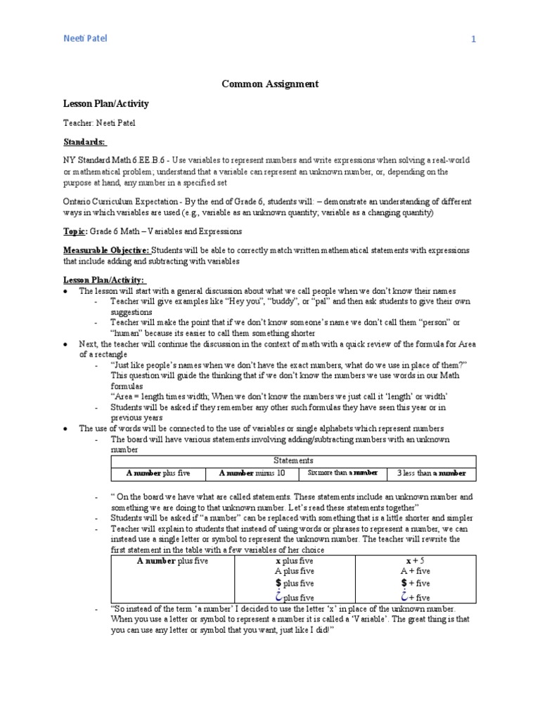 Common Assignment: Lesson Plan/Activity | Download Free PDF | Classroom ...