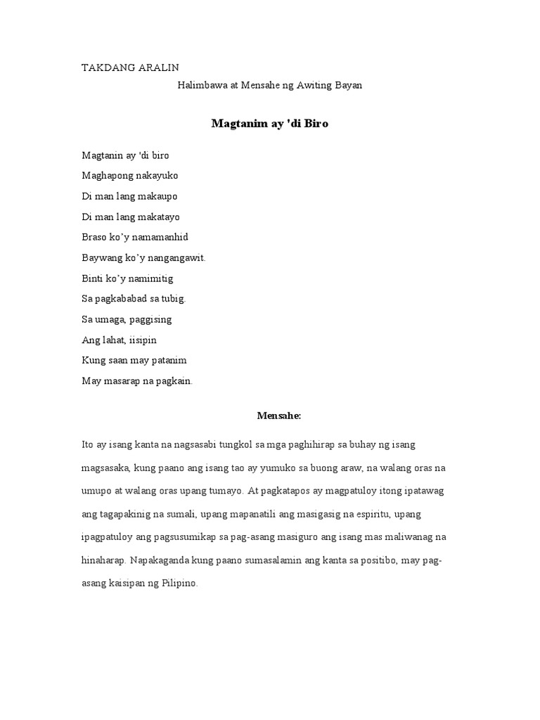 Halimbawa at Mensahe NG Awiting Bayan | PDF