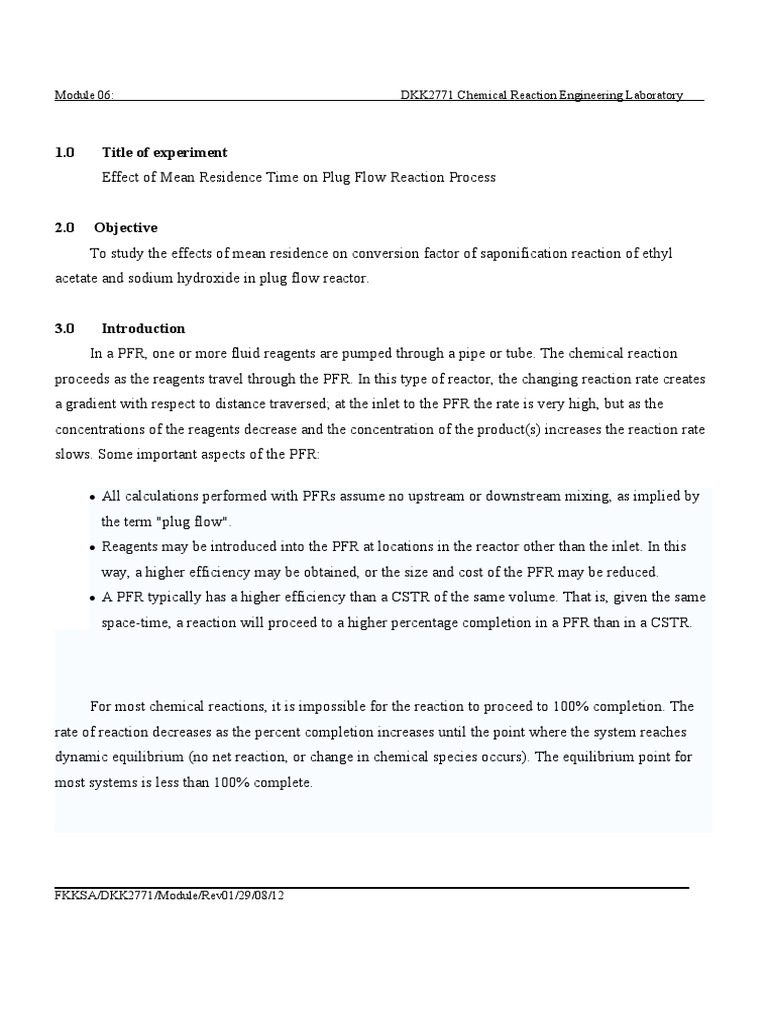 Mean Residence Time in PFR Experiments | PDF | Chemical Reactor ...