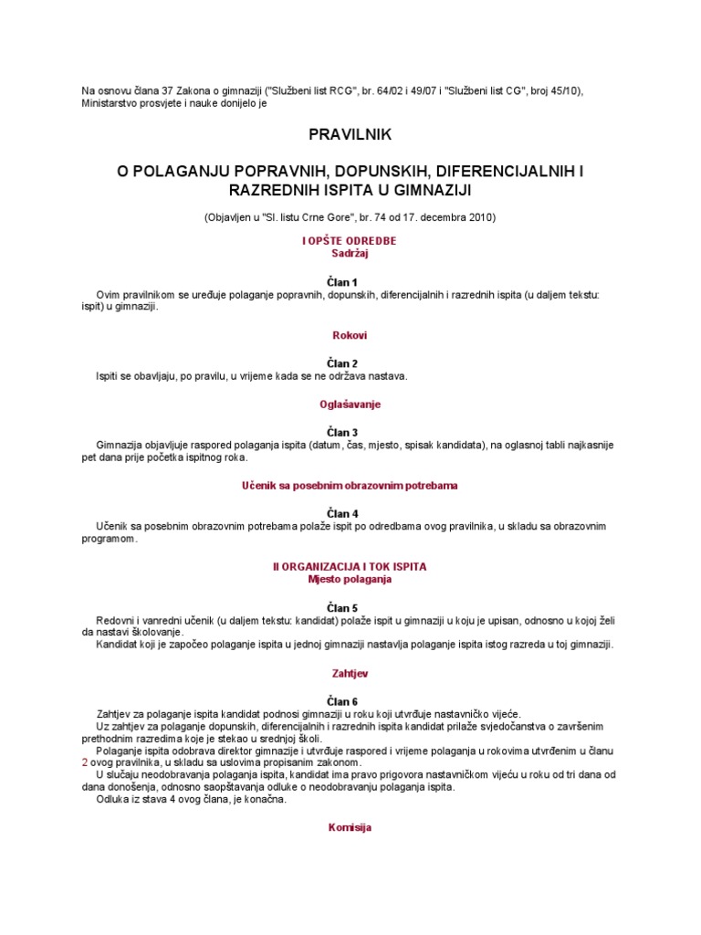 Pravilnik o Polaganju Popravnih, Dopunskih, Diferencijalnih I Razrednih Ispita U Gimnaziji | PDF